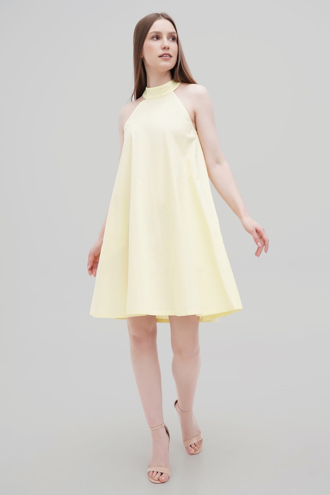 Yellow Halter Neck Summer Dress, Cotton Flowy Sundress Short, High Neck ...