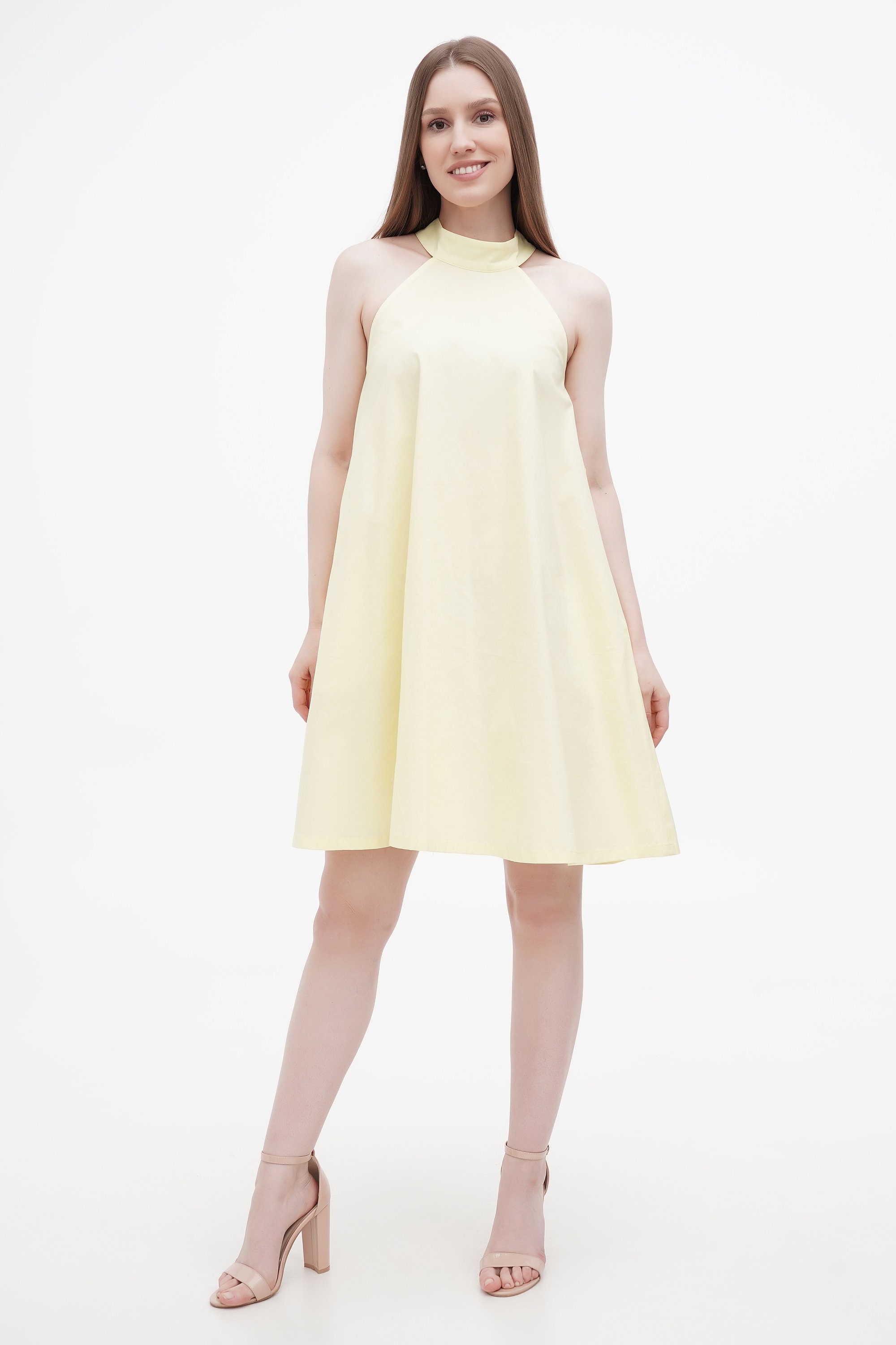 Yellow Halter Neck Summer Dress, Cotton Flowy Sundress Short, High Neck ...