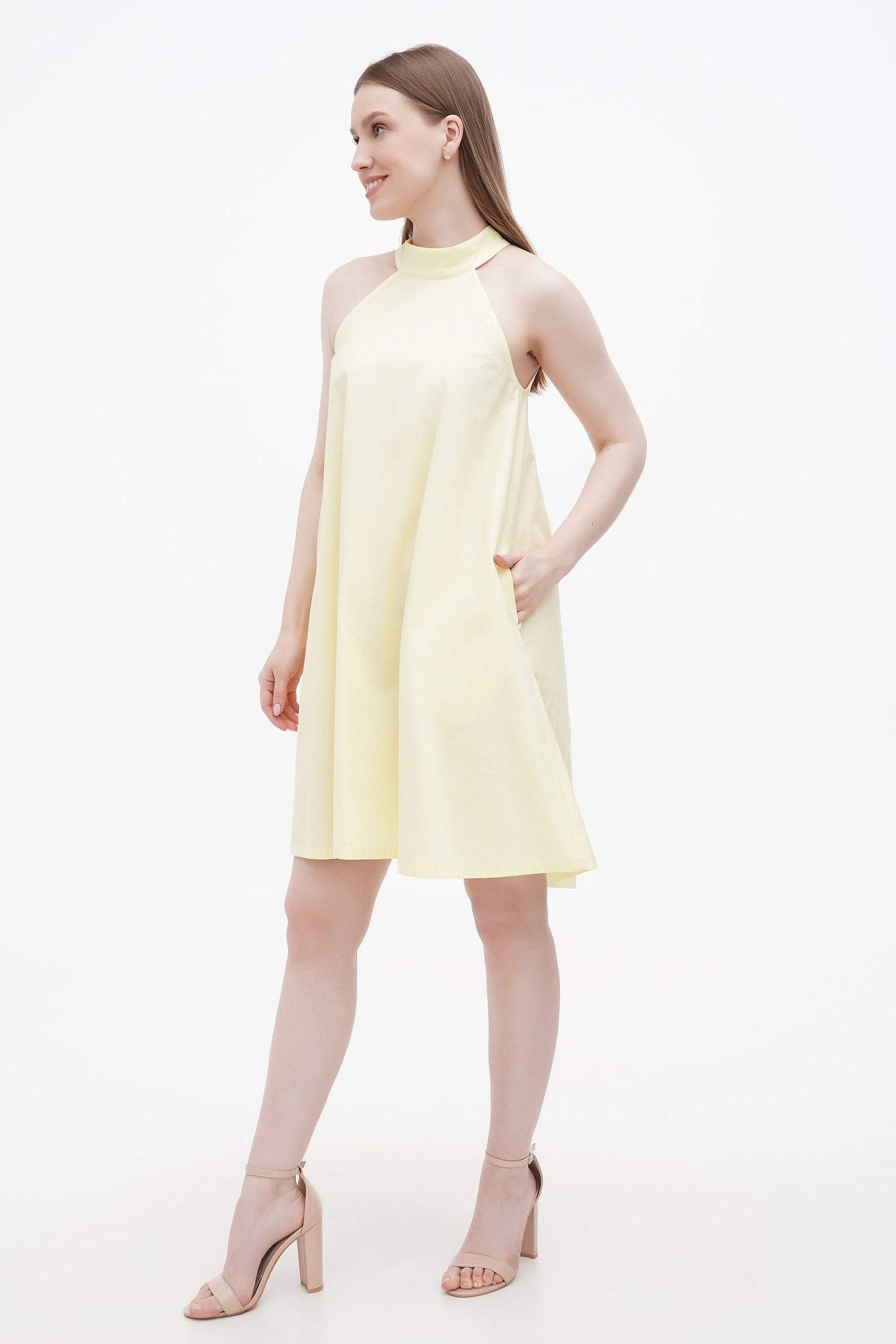 Yellow Halter Neck Summer Dress, Cotton Flowy Sundress Short, High Neck ...