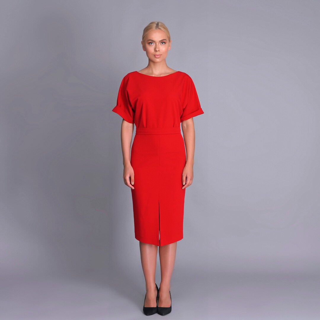 Red Boat Neck Dress Midi, Classy Red Dress, Elegant Holiday Party Dress ...