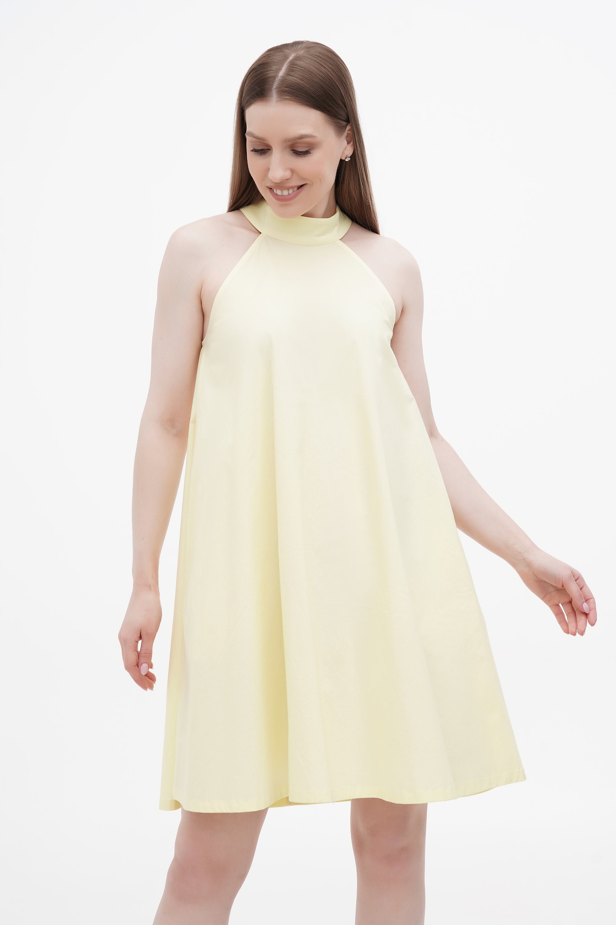 Yellow Halter Neck Summer Dress, Cotton Flowy Sundress Short, High Neck ...