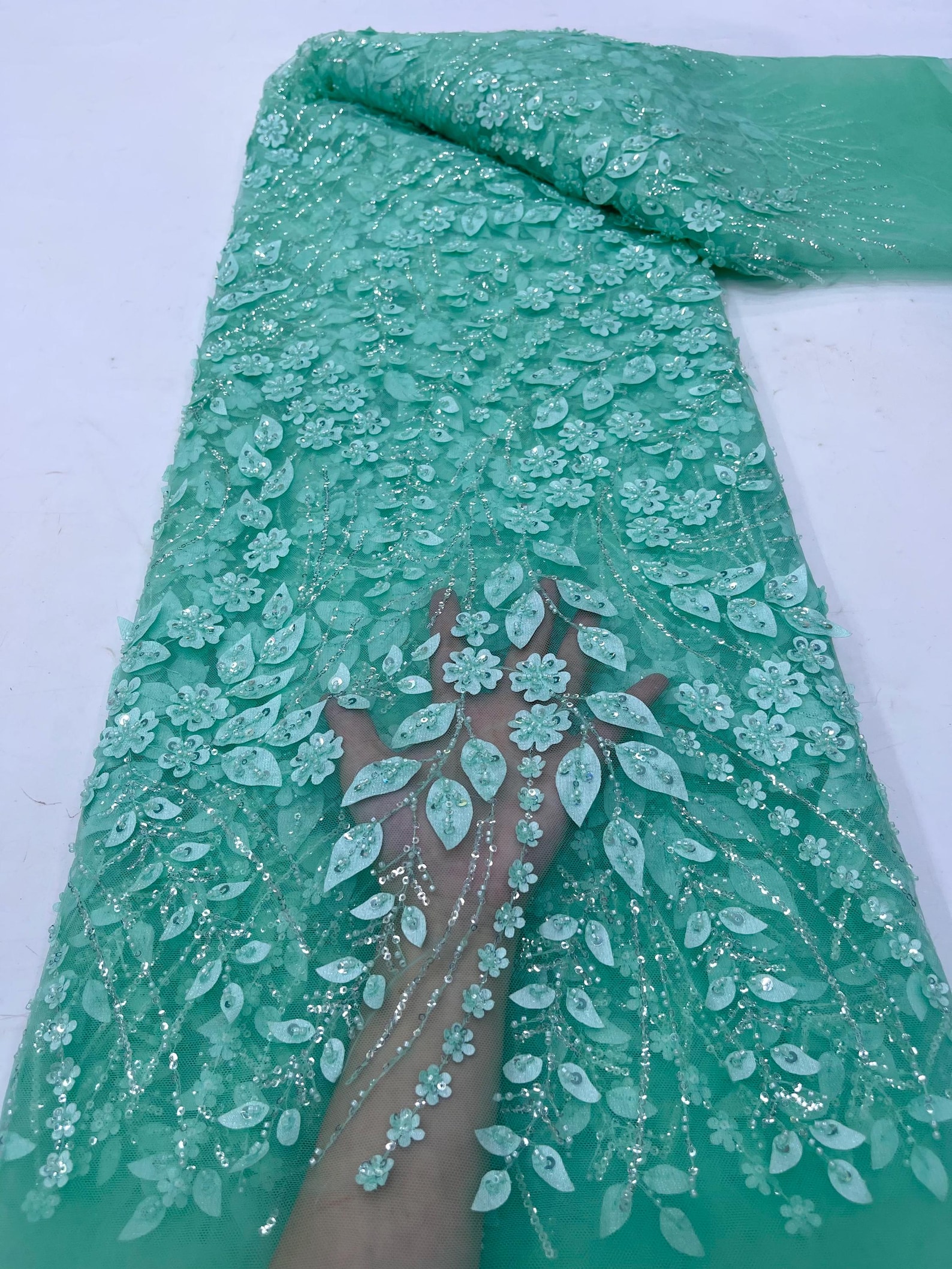 Embroidered Swiss Voile Lace Fabric 5 Yards Sequins Sewing Heavy Beaded ...