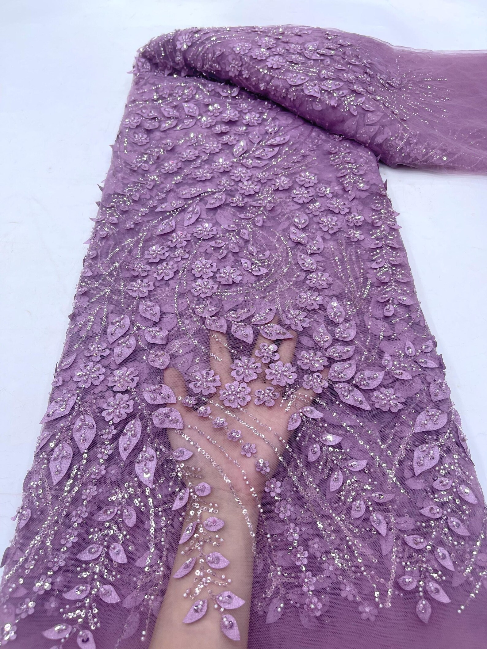 Embroidered Swiss Voile Lace Fabric 5 Yards Sequins Sewing Heavy Beaded ...