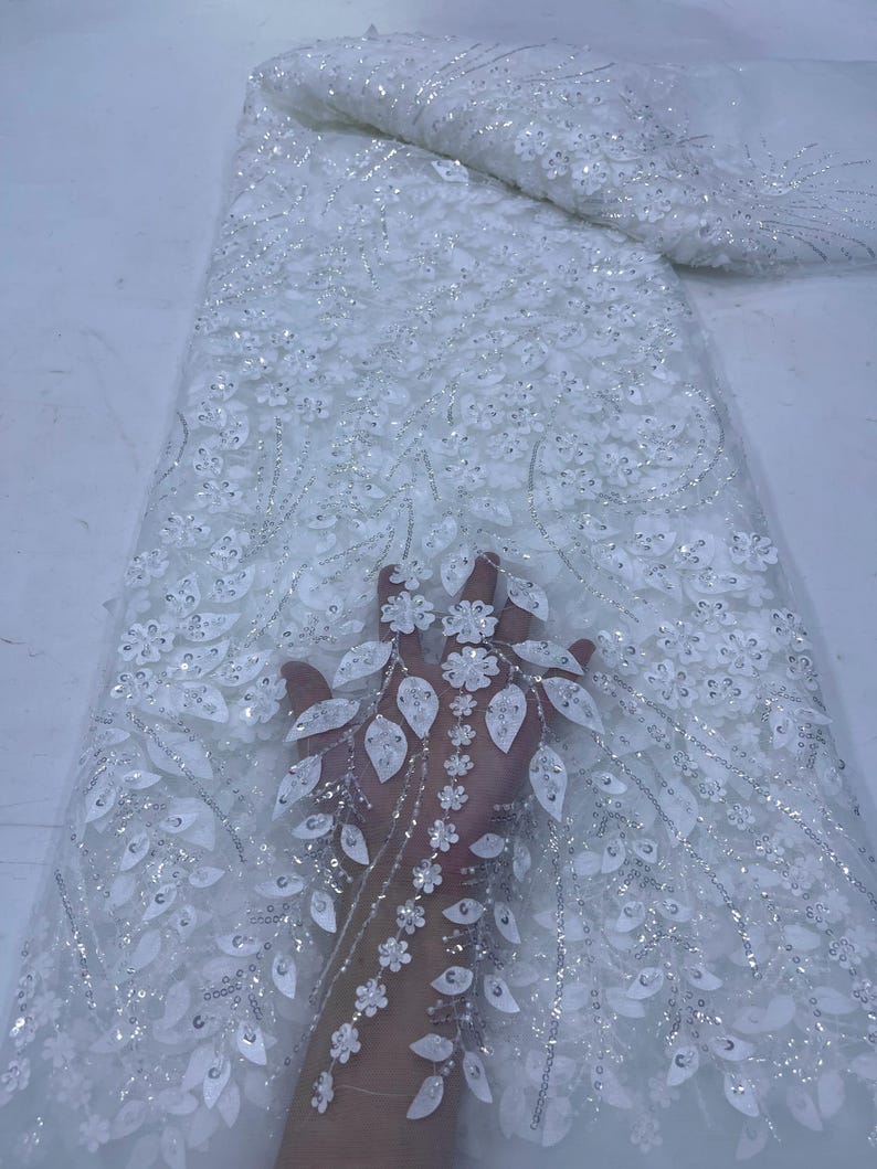 Embroidered Swiss Voile Lace Fabric 5 Yards Sequins Sewing Heavy Beaded ...