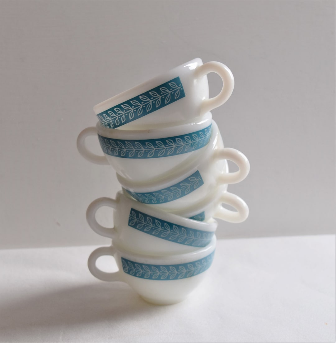 Teal Pyrex Laurel Leaf Cups White Milk Glass Coffee Teatime - Etsy
