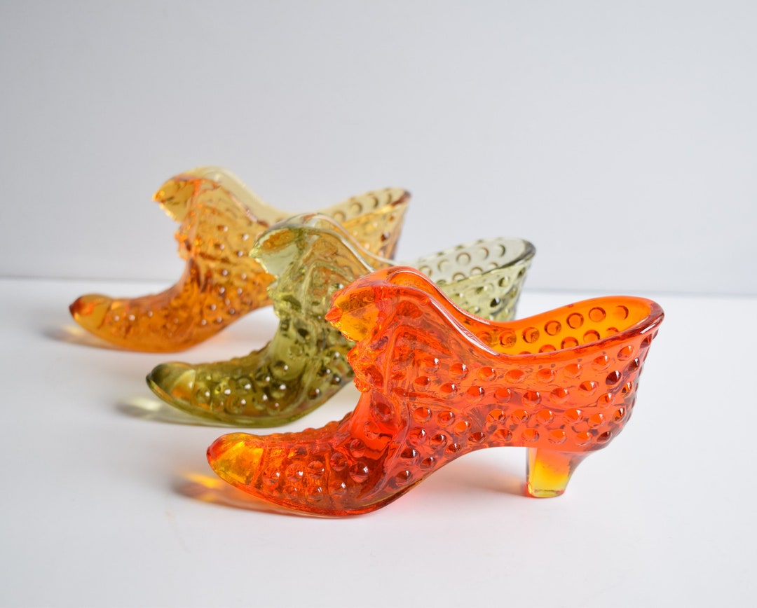 Set of 3 Hobnail Miniature Glass Shoes Amberina Green Amber Cat Head - Etsy