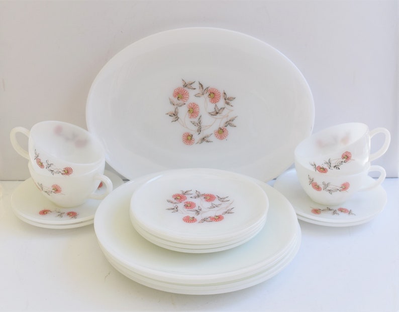 Fire King Fleurette Pink Milk Glass Dinnerware Set of 17 - Etsy