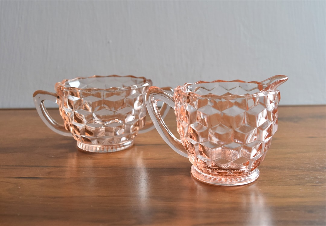 Pink Depression Glass Diamond Pattern Sugar and Creamer Set/jeanette ...