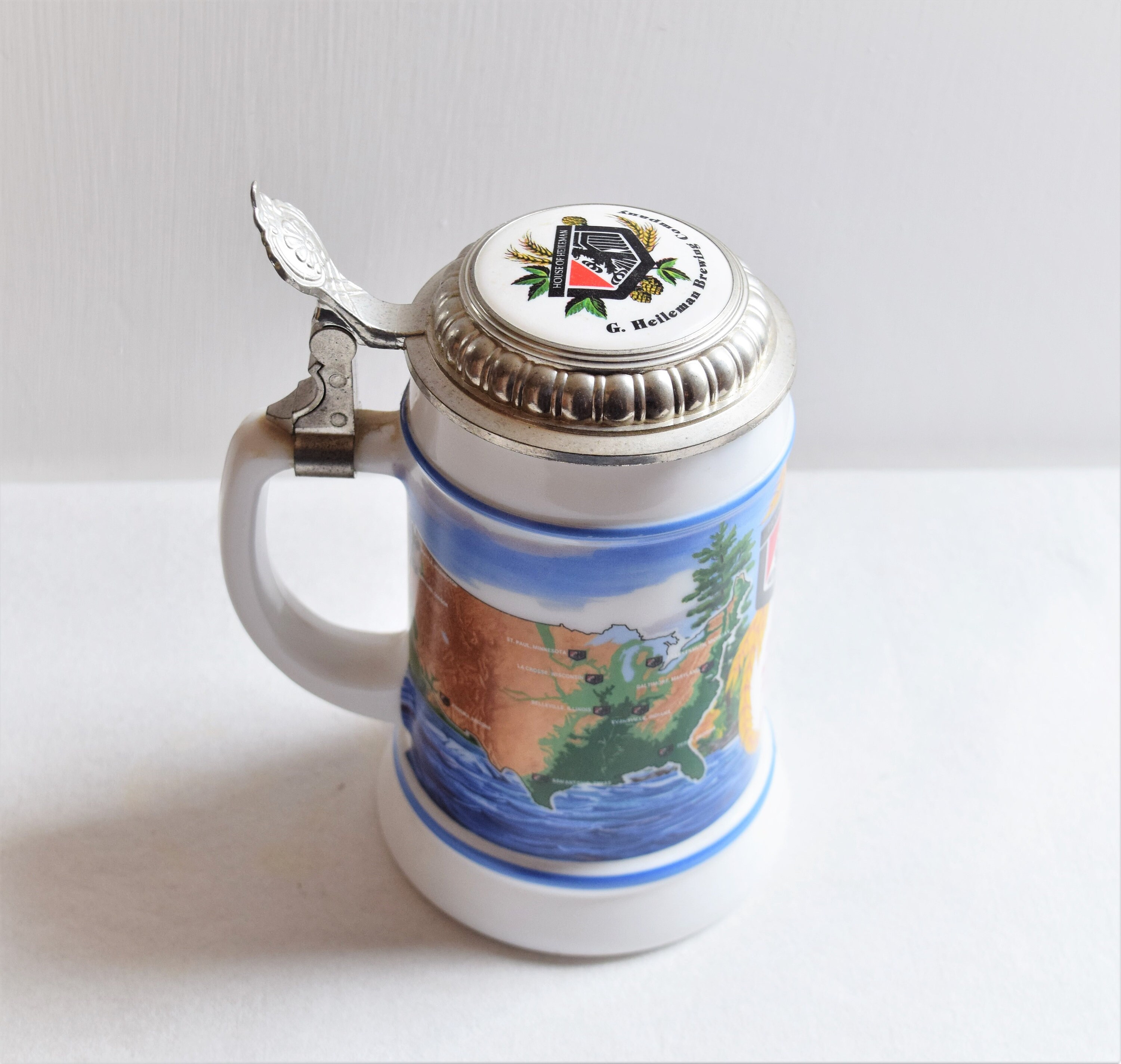 BMF "house of Heilemann" Beer Stein Milk Glass Lidded Mug Vintage ...