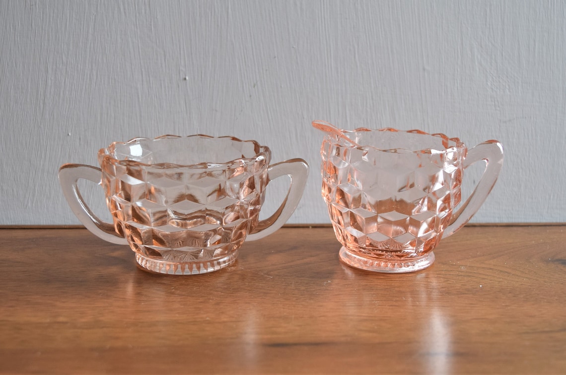 Pink Depression Glass Diamond Pattern Sugar and Creamer Set/jeanette ...