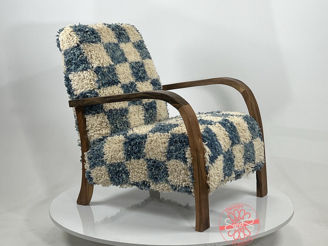 Handcrafted Moroccan Wool Armchair: Walnut Wood Accent Chair - Etsy