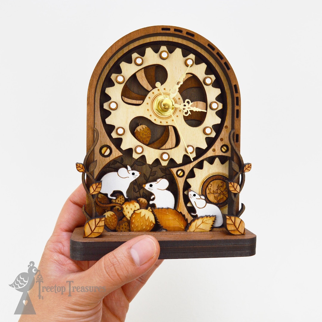 Small Clockwork Mice Mantel Clock Tall, Wooden Mantel Clock, Lasercut ...