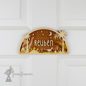 Personalised Dinosaur Wooden Name Door Plaque, Dinosaur Theme Childrens ...