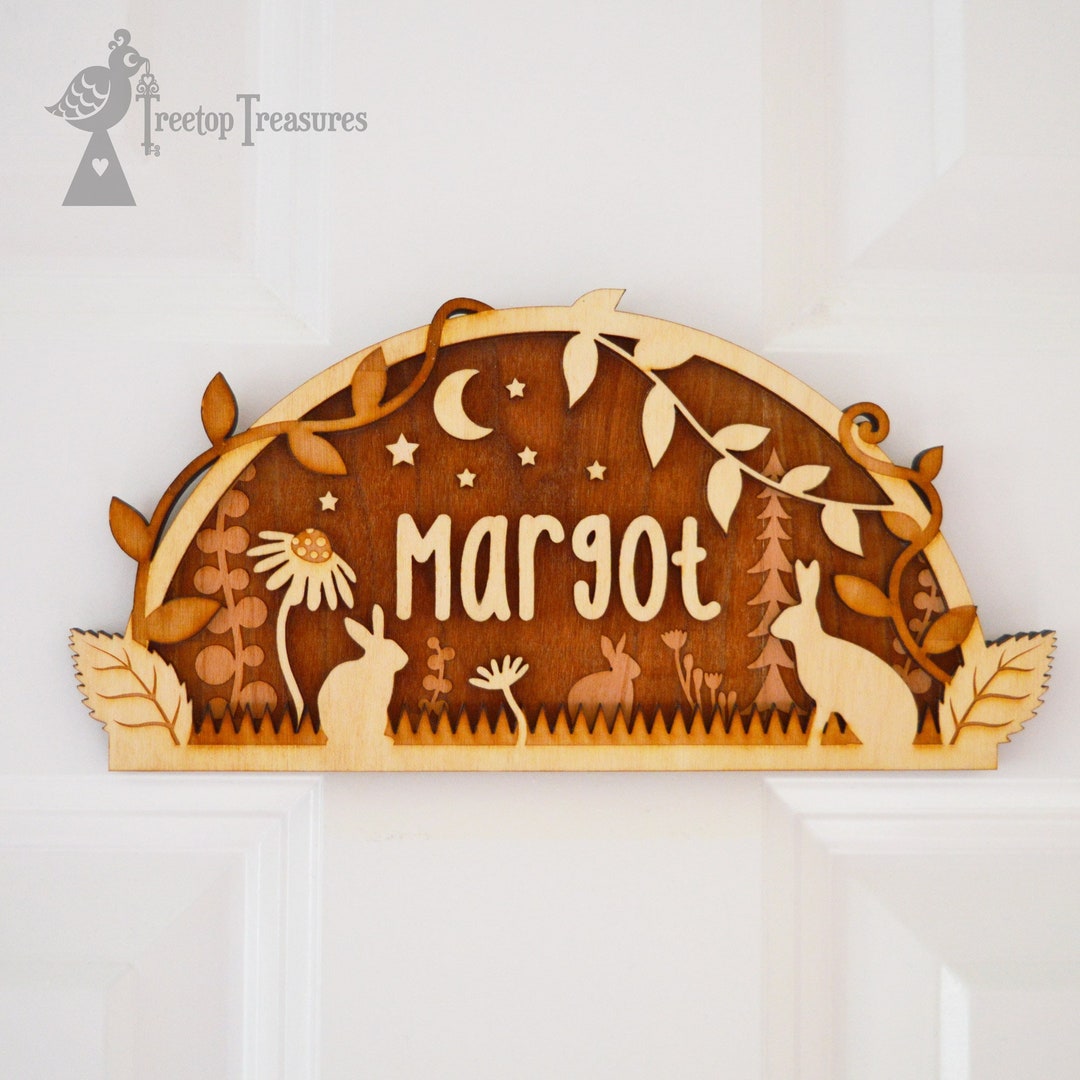 Personalised Wooden Floral Hare Name Door Plaque, Woodland Theme ...