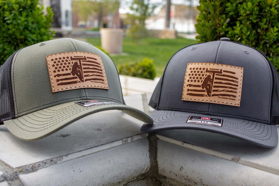 Lineman American Flag Hat | Richardson 112 Leather Patch Hat | Lineman ...