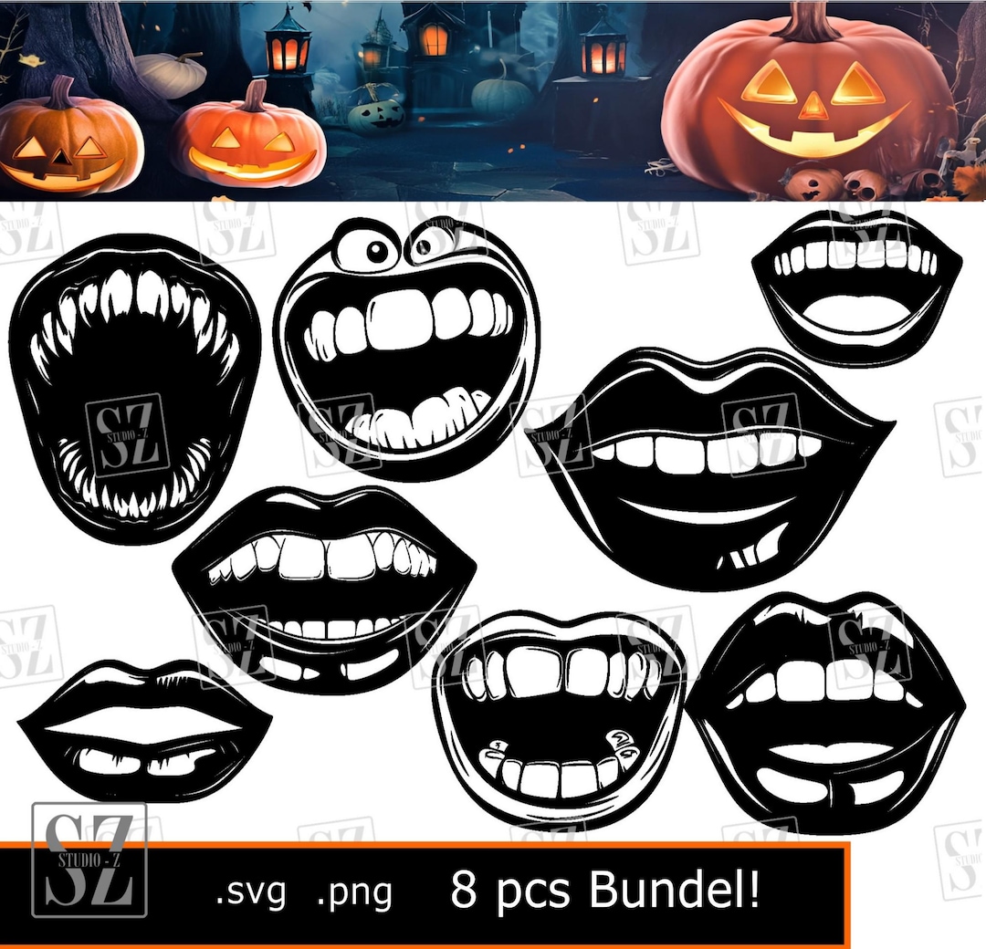 Monster and Cartoon Mouth 8 Pcs Halloween Bundle, Svg & Png Cut Files ...