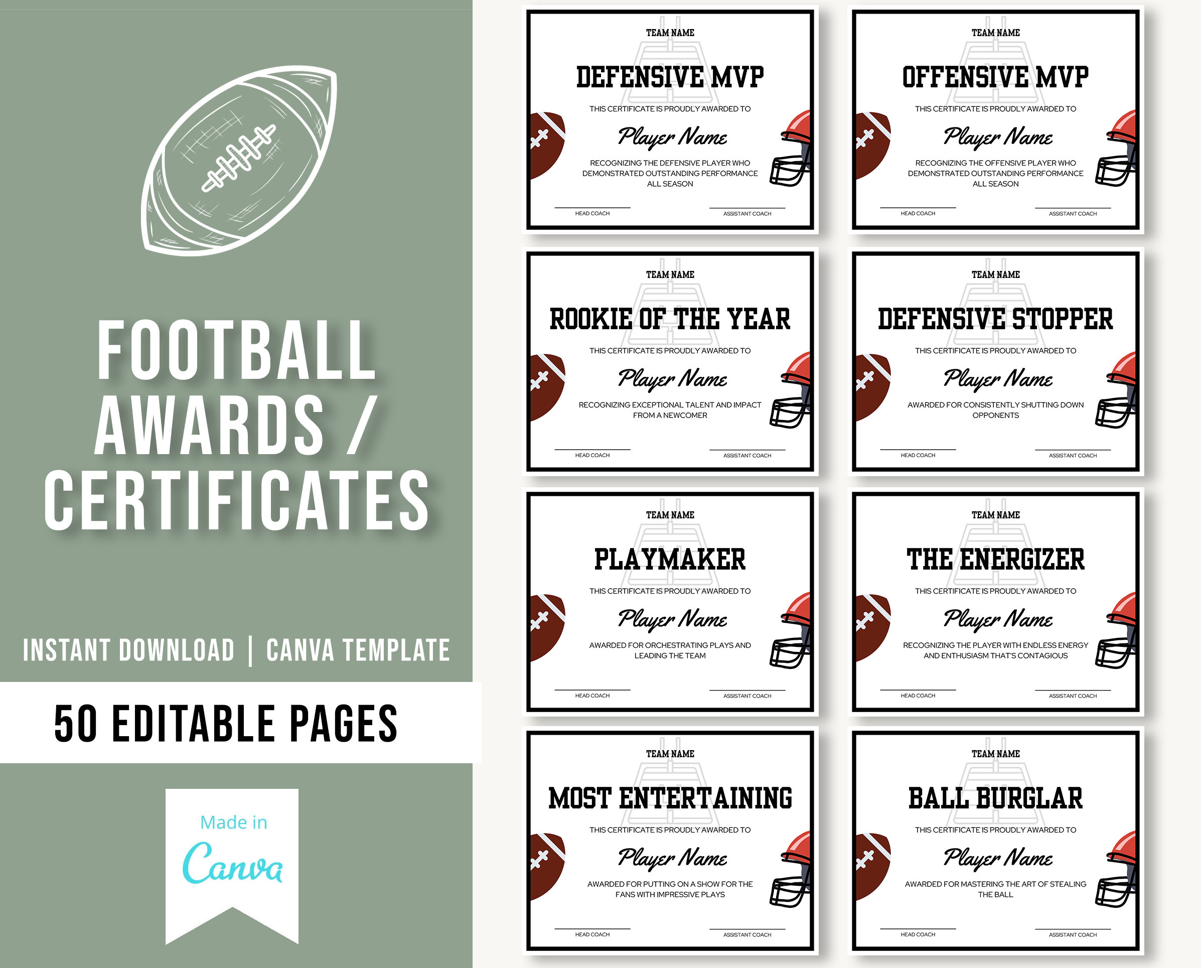 Editable Football Award Certificates | Football Team Awards | End of ...