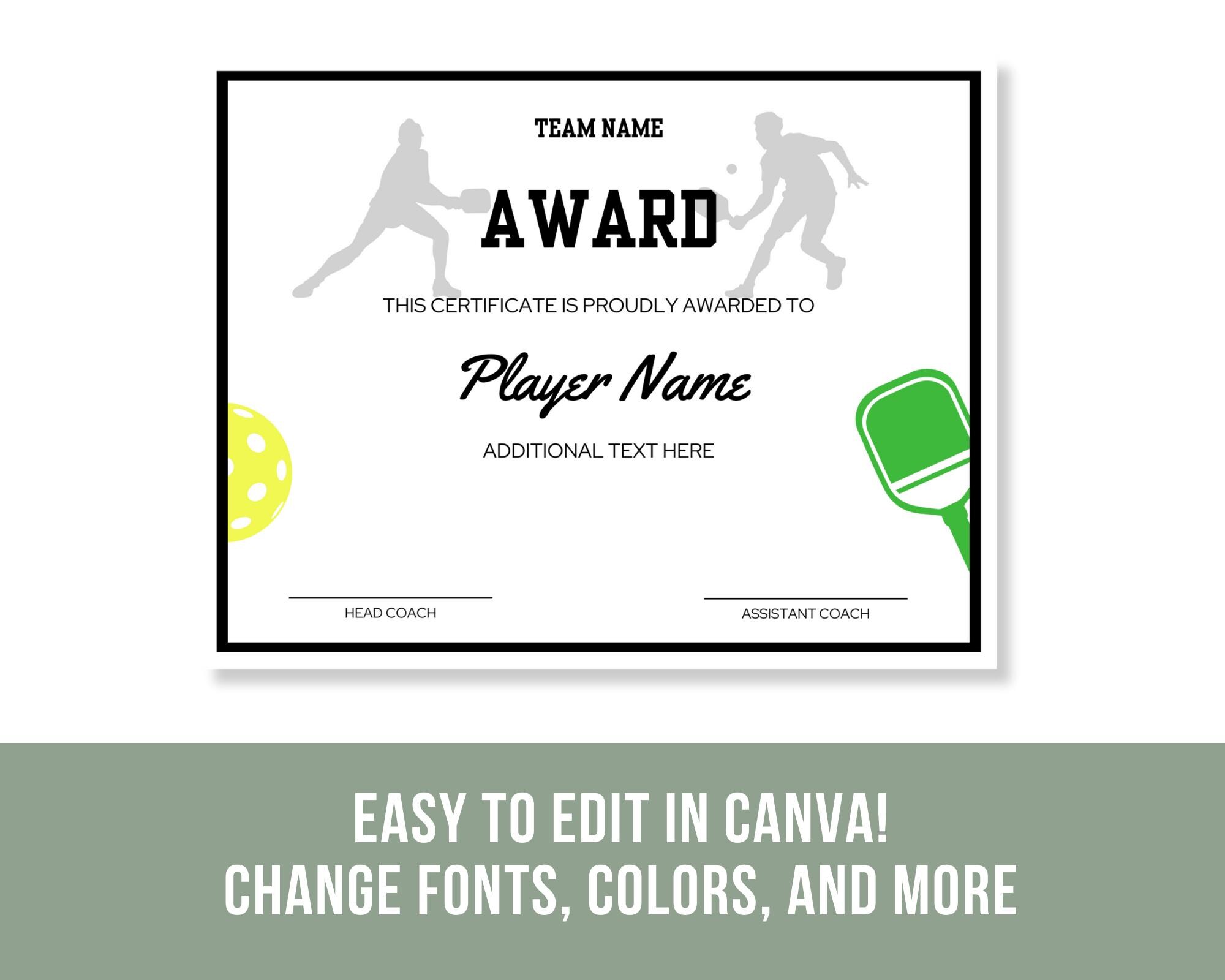 Editable Pickleball Award Certificates | Pickleball Team Awards | End ...