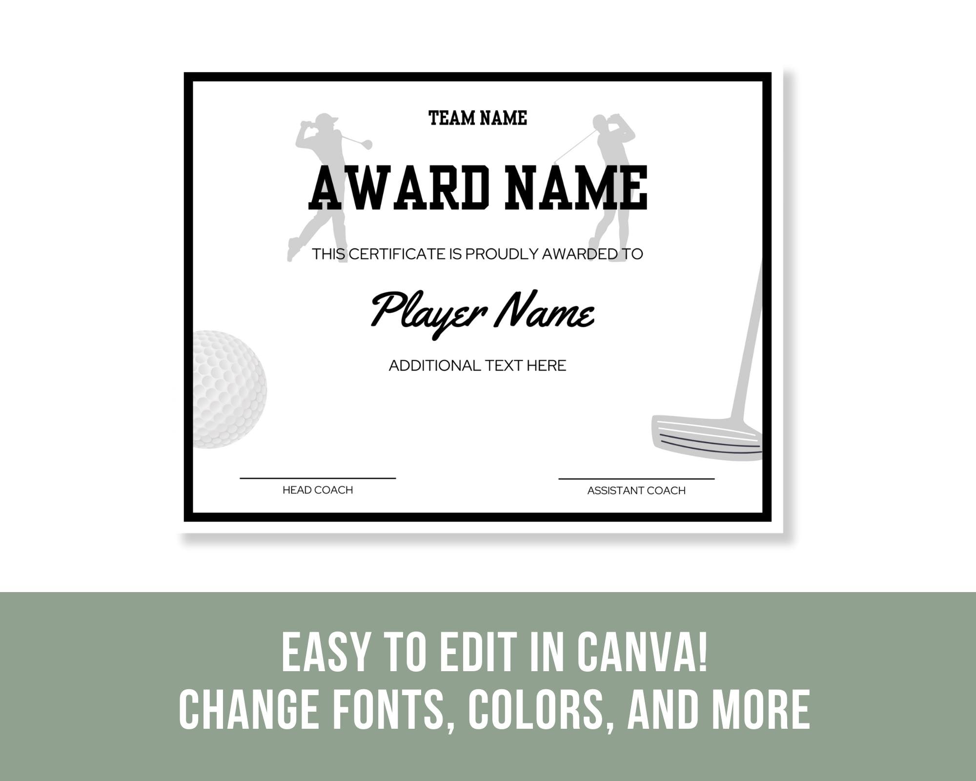 Editable Golf Award Certificates | Golf Team Awards | End of the Season ...
