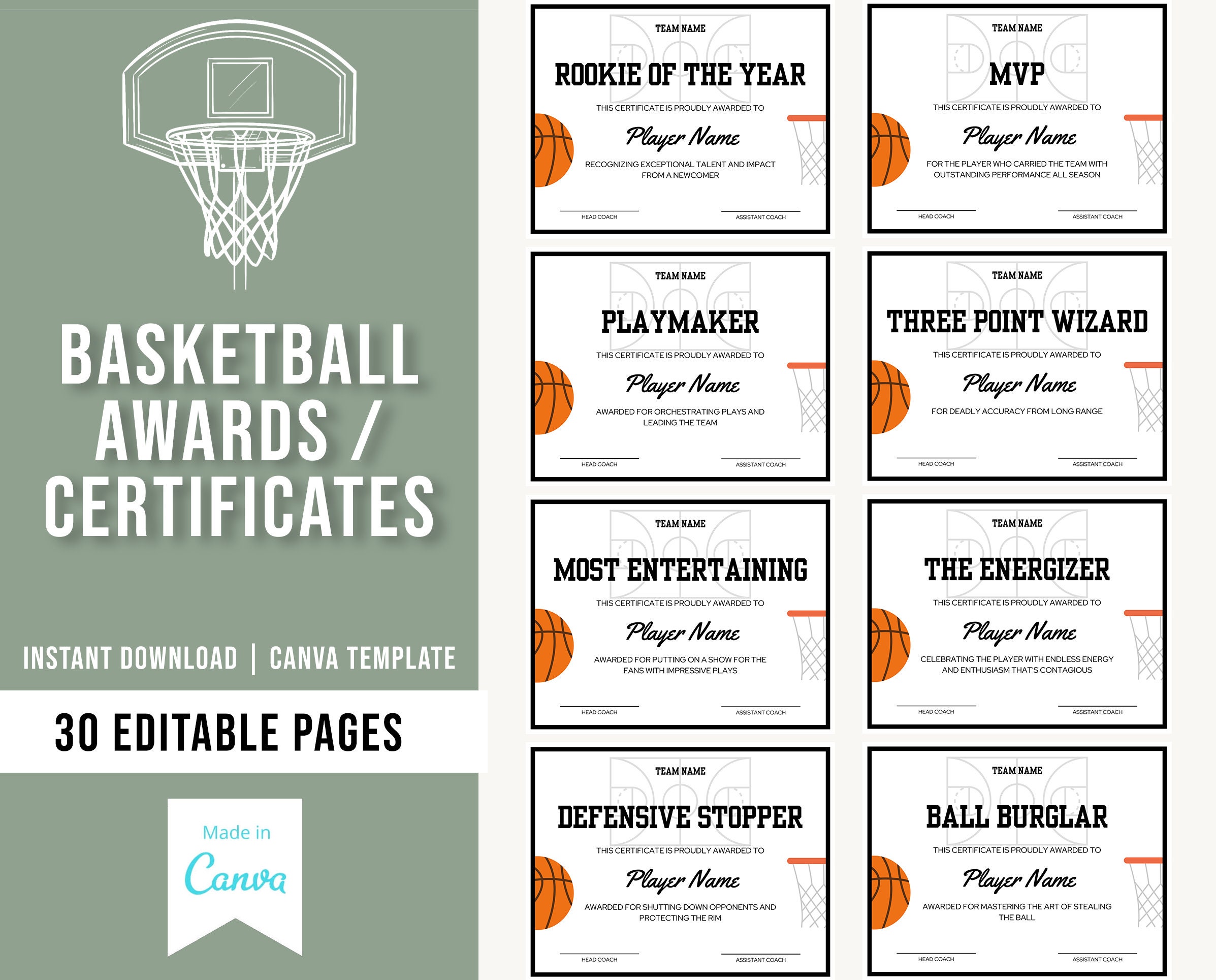 Editable Basketball Award Certificates | Basketball Team Awards | End ...