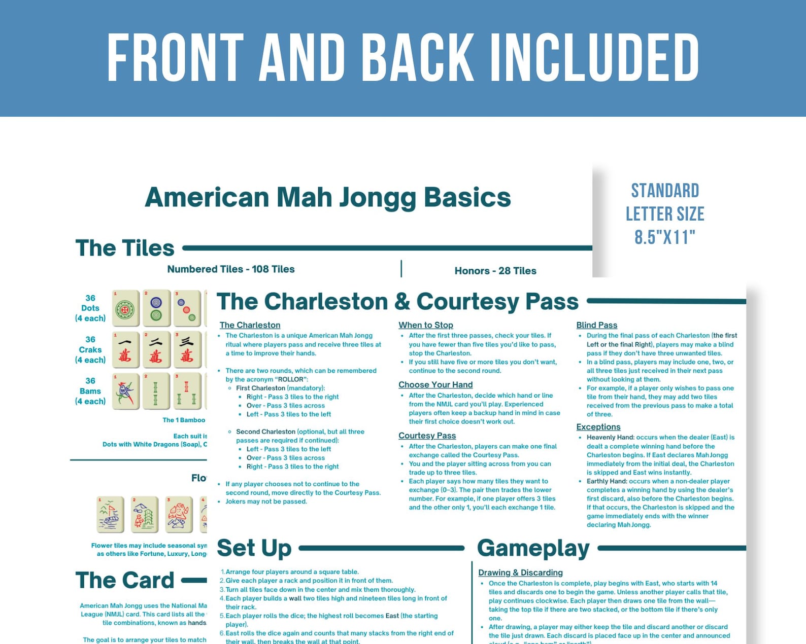American Mah Jongg Rules Tips Reference Sheet | NMJL Style Printable ...