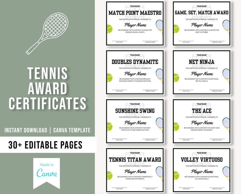Editable Tennis Award Certificates | Tennis Team Awards | End of the ...