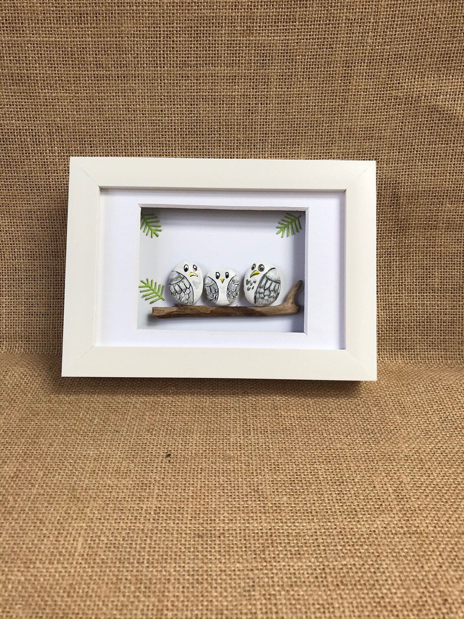 Owl Pebble Picture, Handmade Beautiful Framed Art, Three Owls, Custom ...