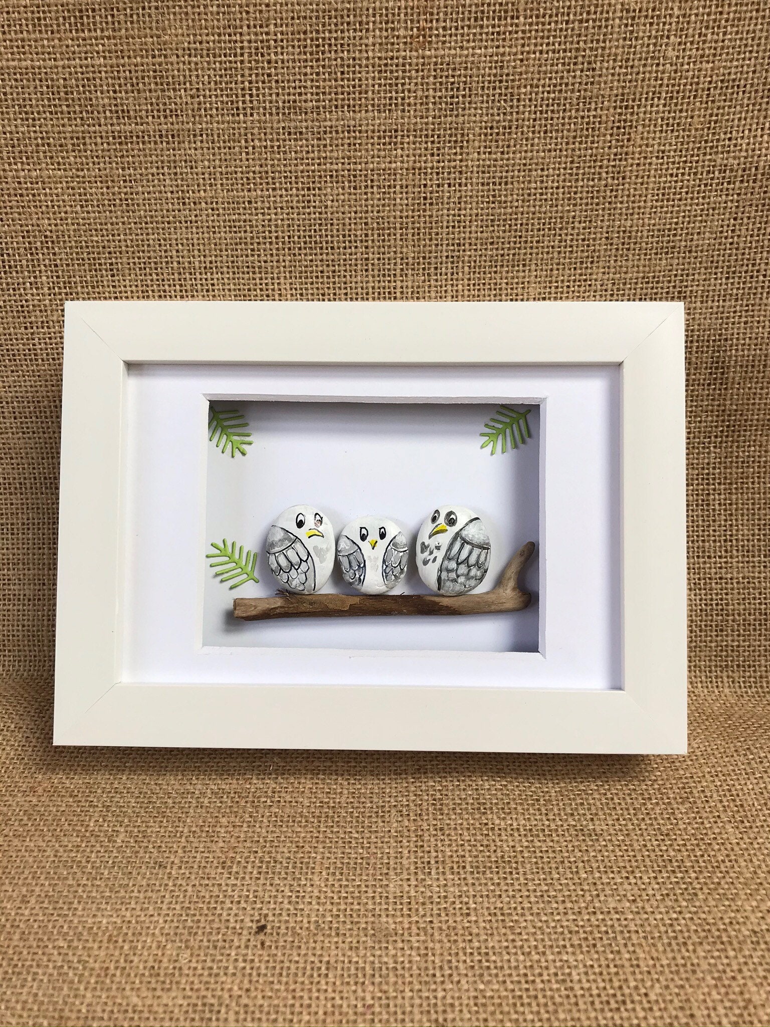 Owl Pebble Picture, Handmade Beautiful Framed Art, Three Owls, Custom ...