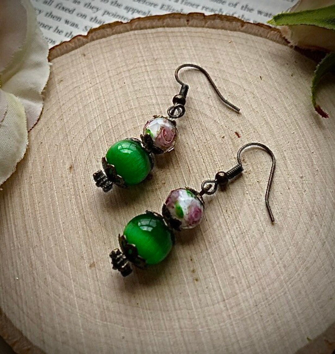 Regency Inspired Earrings, Green and Flower Faceted Earrings, Regency ...