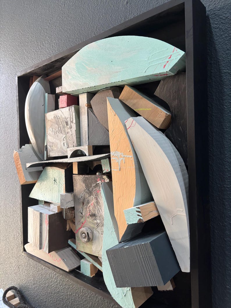 Wood Assemblage Art, Modernist Wall Sculpture (32