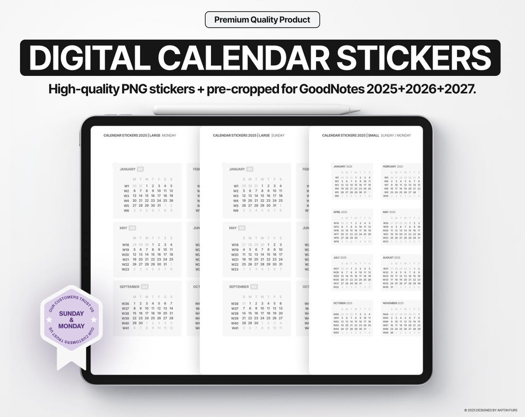 Digital Calendar Stickers 2025 + 2026 + 2027, Goodnotes Stickers - Etsy