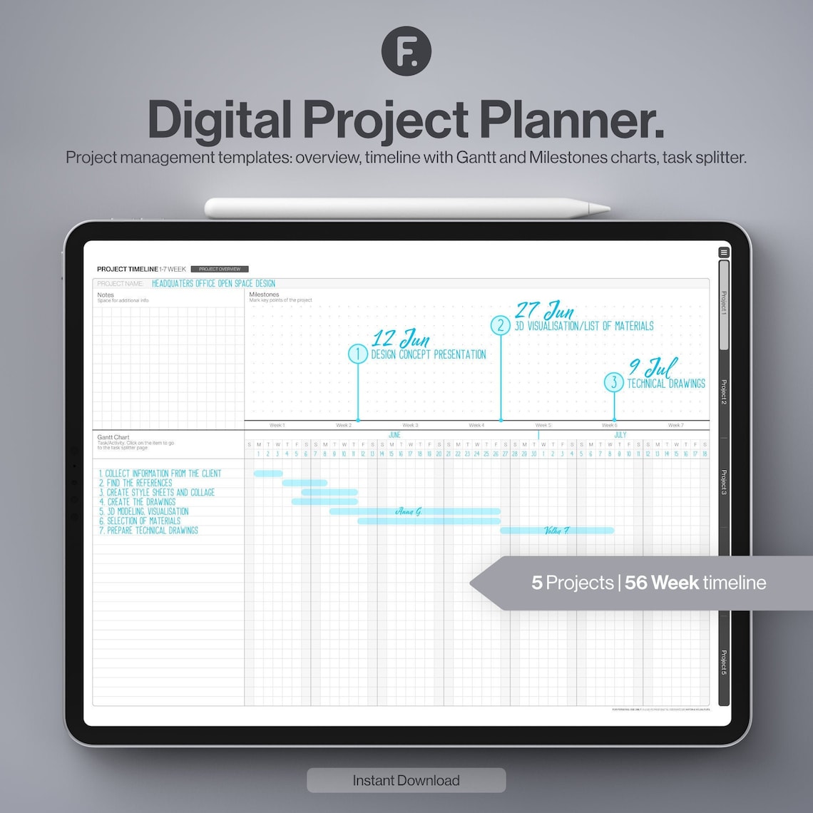 Digital Project Planner Business Planner Undated Planner 56 | Etsy