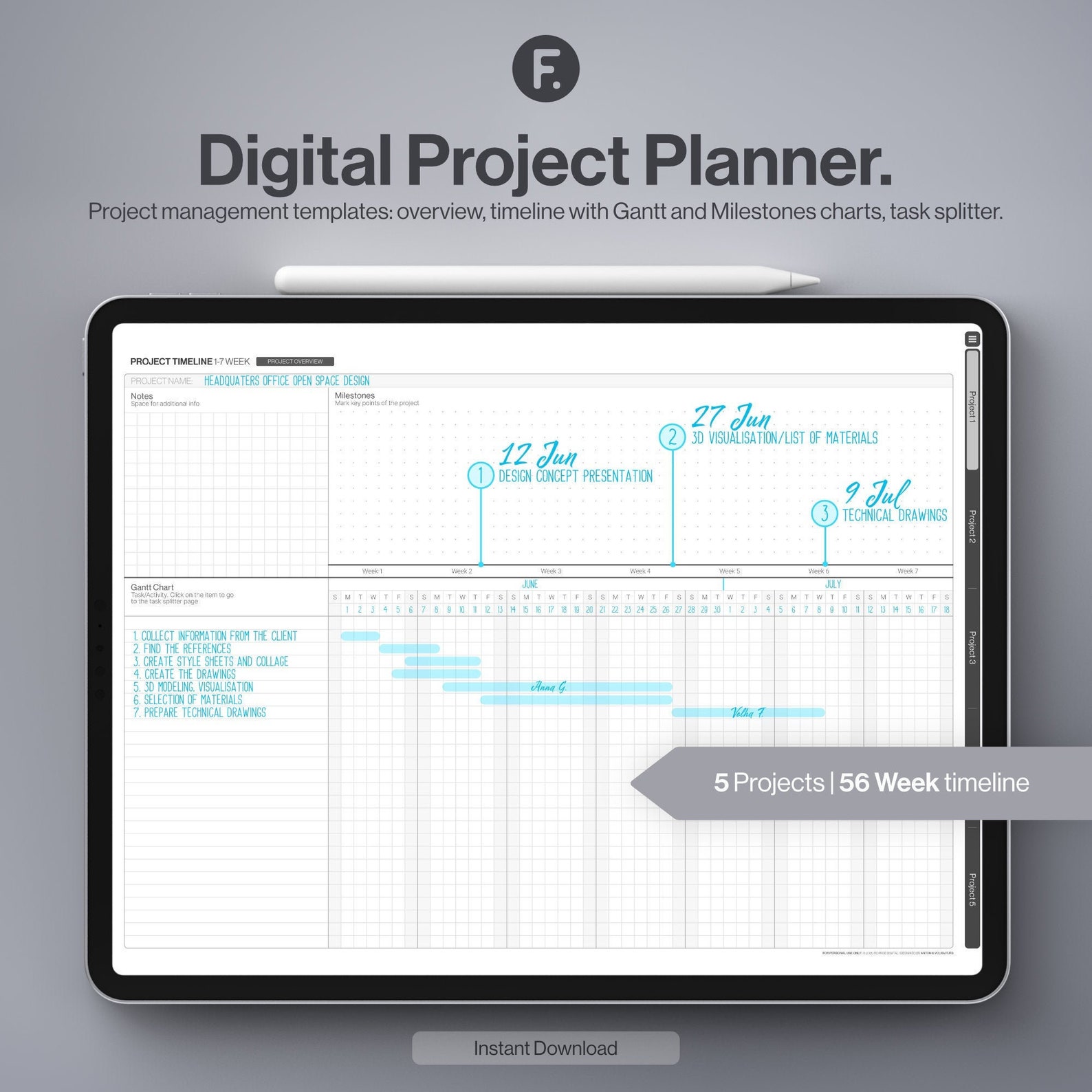Digital Project Planner, Business Planner, Undated Planner, 56 Week ...