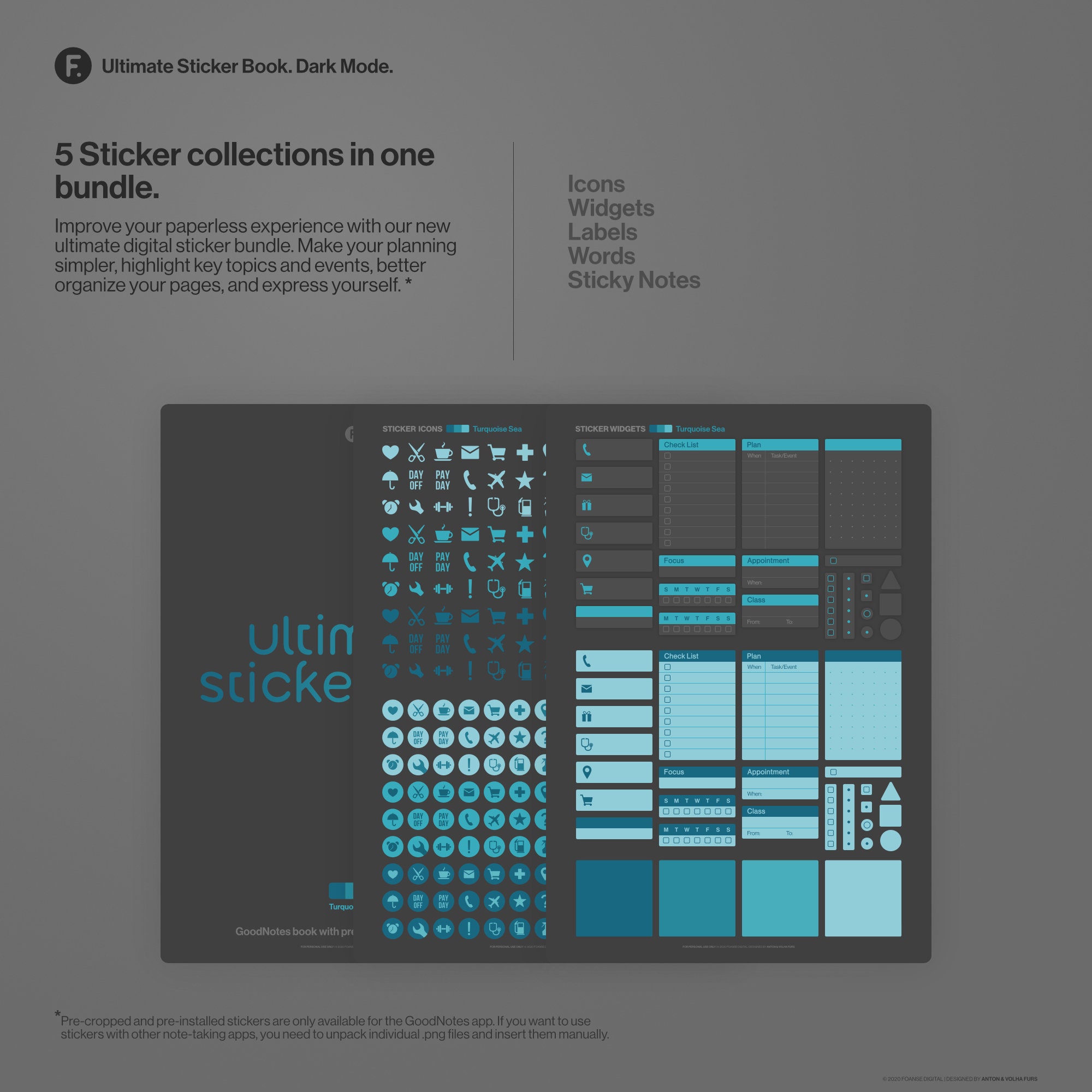 Dark Mode Digital Sticker Book With Over 500 Unique Stickers. | Etsy