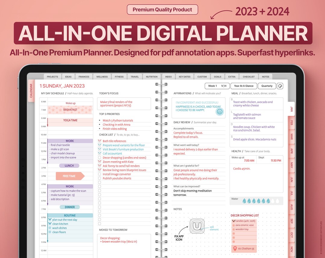 All-in-one Digital Planner 2023 2024 Coral Pink, Goodnotes and ...
