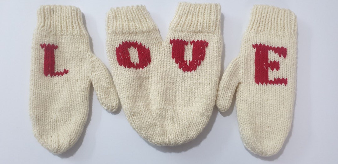 Couple Mittens in Wool Knitted With LOVE Pattern in Cream,hand Holding ...