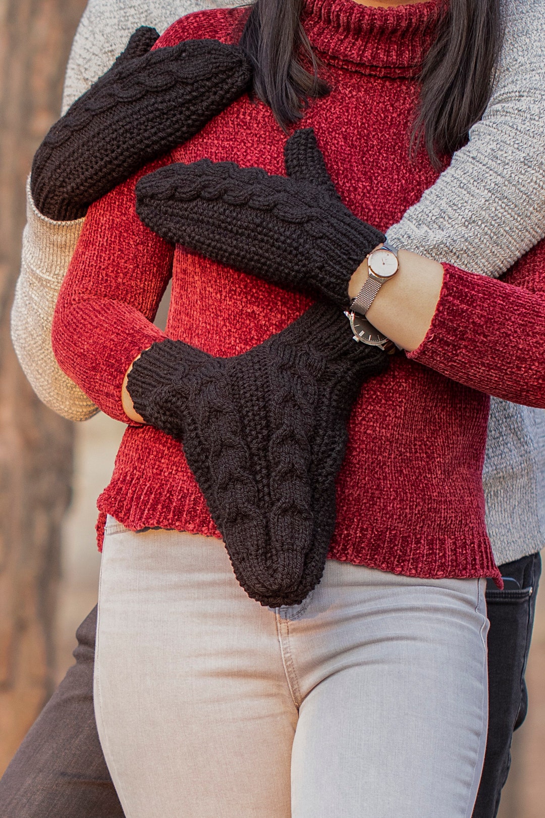 Couple Mittens Handmade in Wool Knitted Cabled Patterns in Black,hand ...