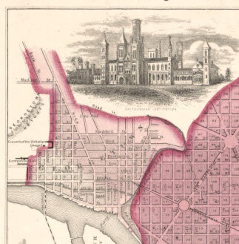 LARGE DC & Georgetown 1865 Historic Map on Canvas ready to - Etsy
