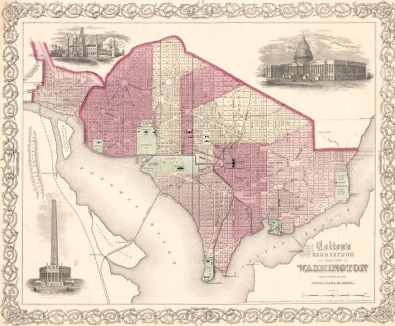 LARGE DC & Georgetown 1865 Historic Map on Canvas ready to - Etsy