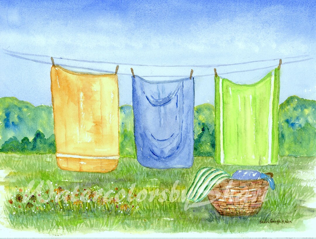 Summer Watercolor Print Showing a Clothesline With Towels Hanging ...