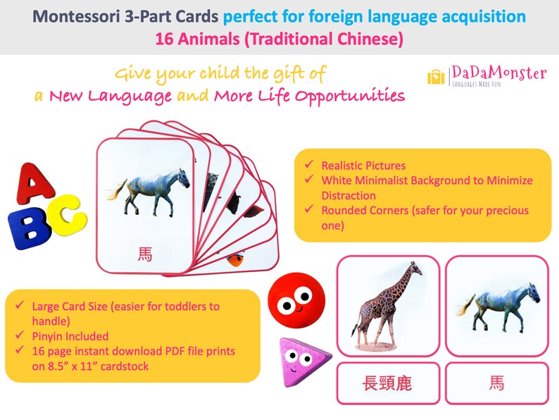 Mandarin Flash Cards // Animals //16 Cards montessori // Pinyin ...