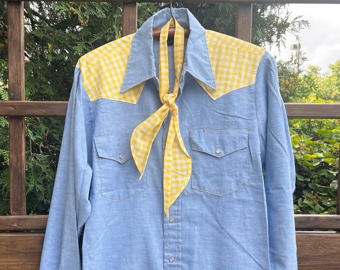 60s Western Shirt With Matching Scarf Tie | Vintage Chambray and Yellow ...