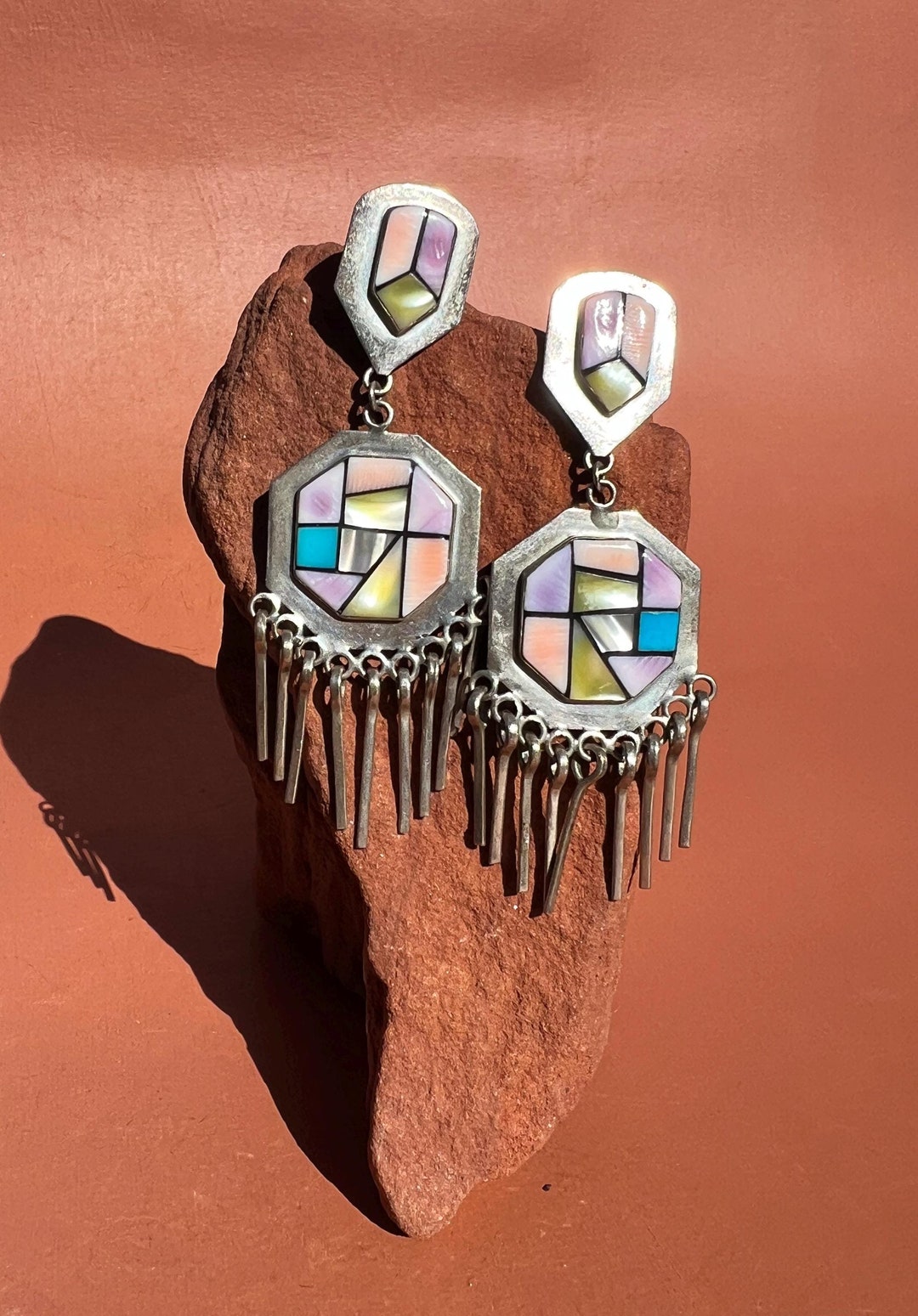 Native American Geometric Inlay Oversized Sterling Dangle Earrings With ...