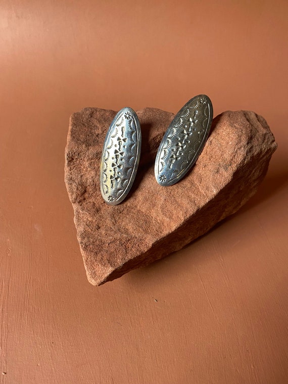 Taxco Sterling Large Elongated Stamped Concho Earring… - Gem