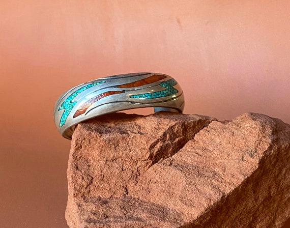 Navajo Turquoise Coral Mosaic Cuff by Joe Corbet | Na… - Gem