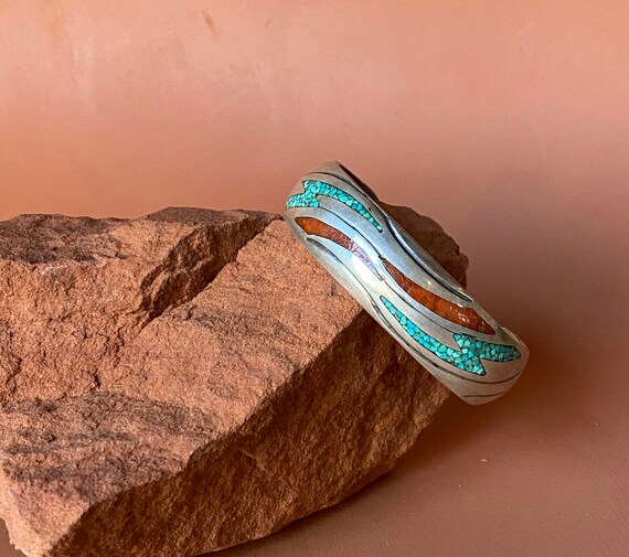 Navajo Turquoise Coral Mosaic Cuff by Joe Corbet | Na… - Gem