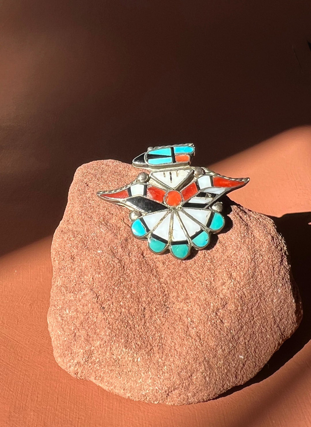 Zuni Thunderbird Pin | Native American Multi Stone Inlay Sterling Bird ...