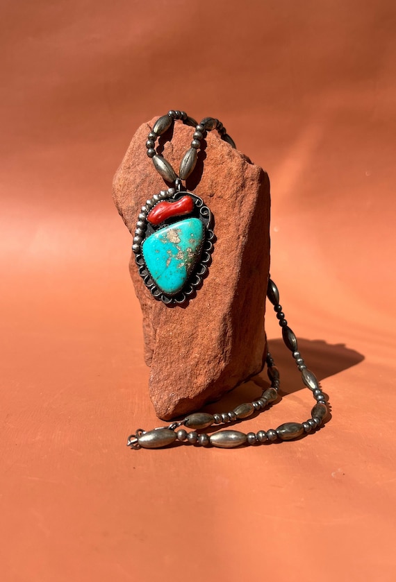 Sterling Bench Bead & Fluted Navajo Coral & Green Tur… - Gem