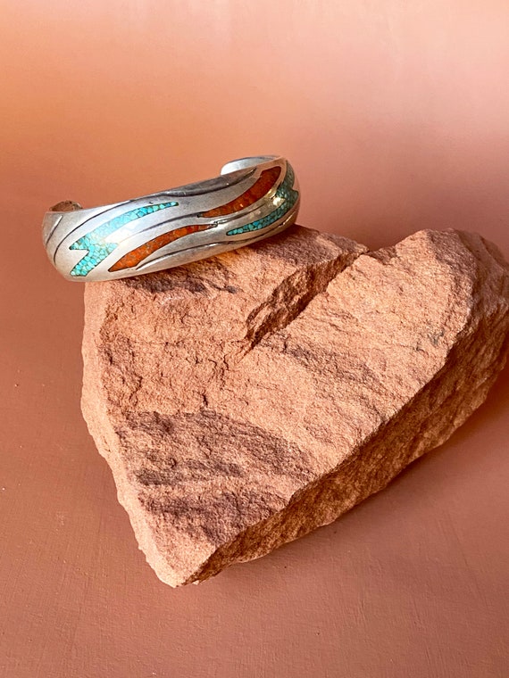Navajo Turquoise Coral Mosaic Cuff by Joe Corbet | Na… - Gem