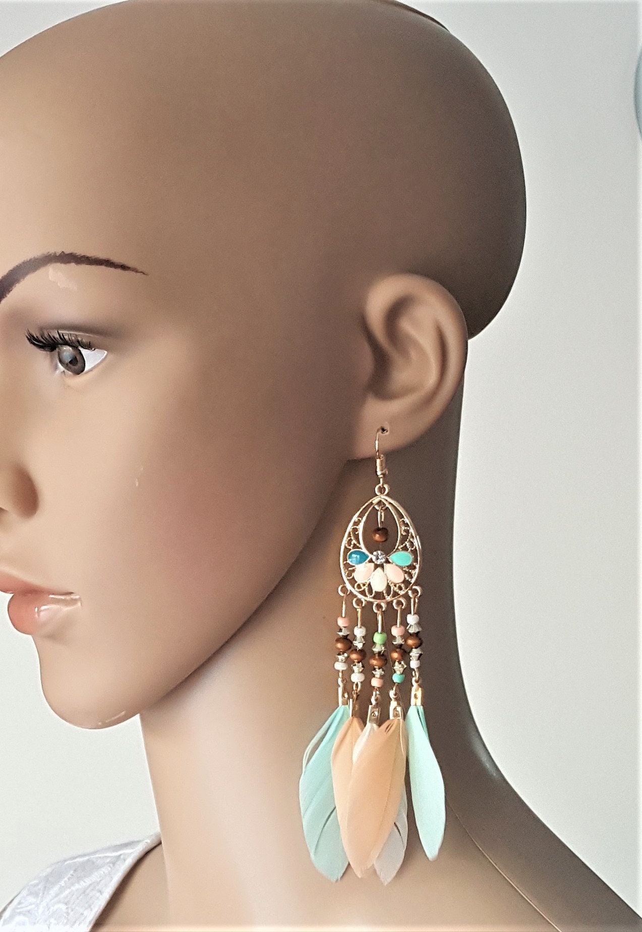 Feather Earrings Long Bohemian Earrings Beaded Enamel Crystal ...